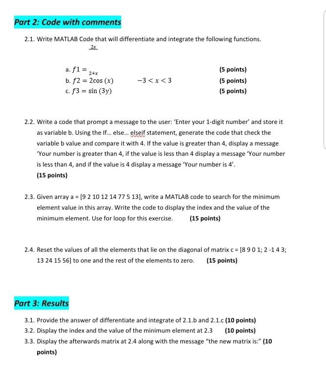Solved Part 2: Code with comments 2.1. Write MATLAB Code | Chegg.com