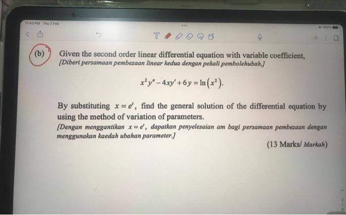 Solved Given the second order linear differential equation | Chegg.com