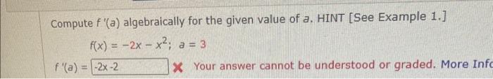 Solved Compute f′(a) algebraically for the given value of a. | Chegg.com