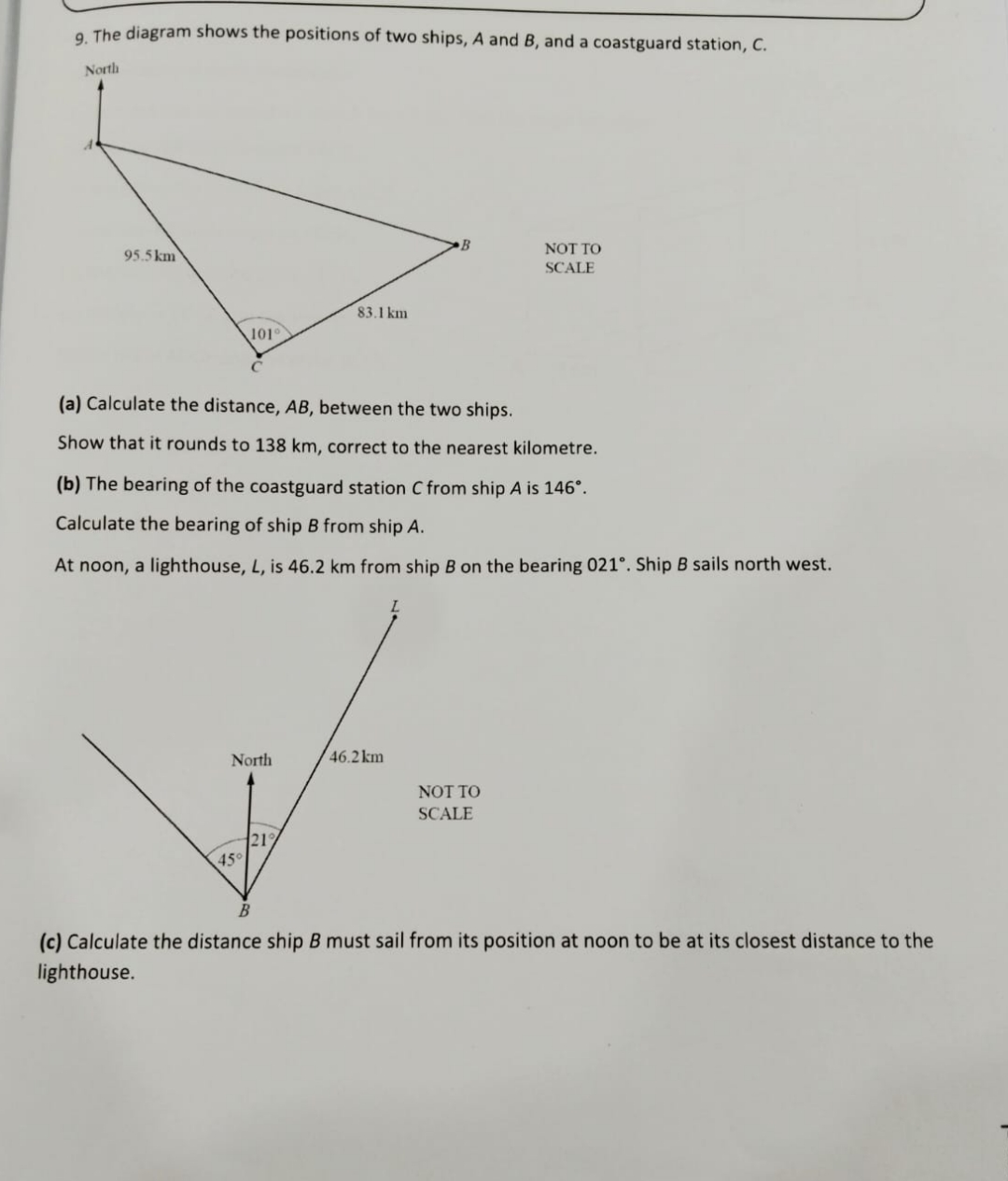 Solved The diagram shows the positions of two ships, A and | Chegg.com