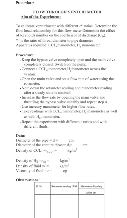 Solved Theory Experiment No.4: Flow through Venturi meter | Chegg.com