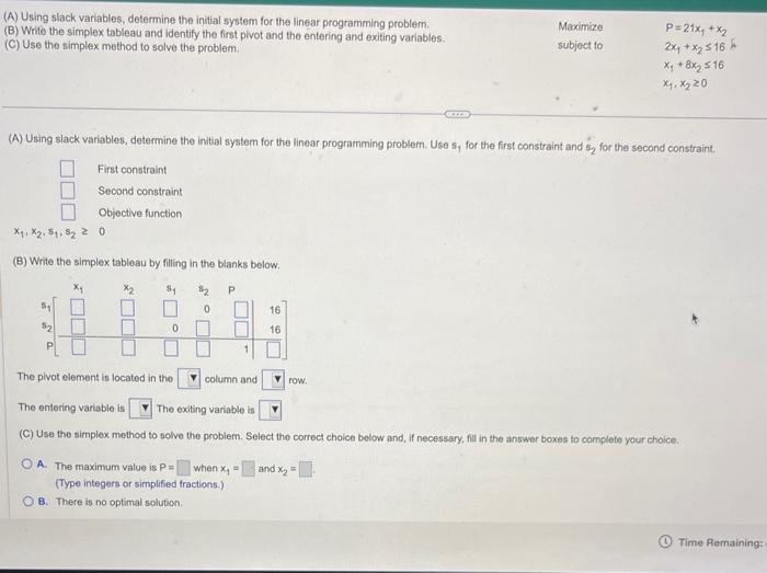 Solved A Using Slack Variables Determine The Initial 4866