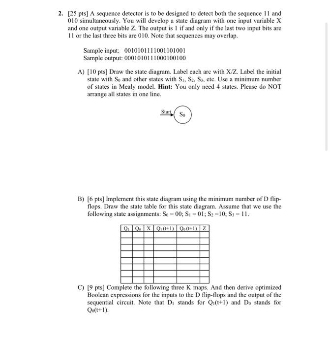 Solved 2. [25 pts] A sequence detector is to be designed to | Chegg.com