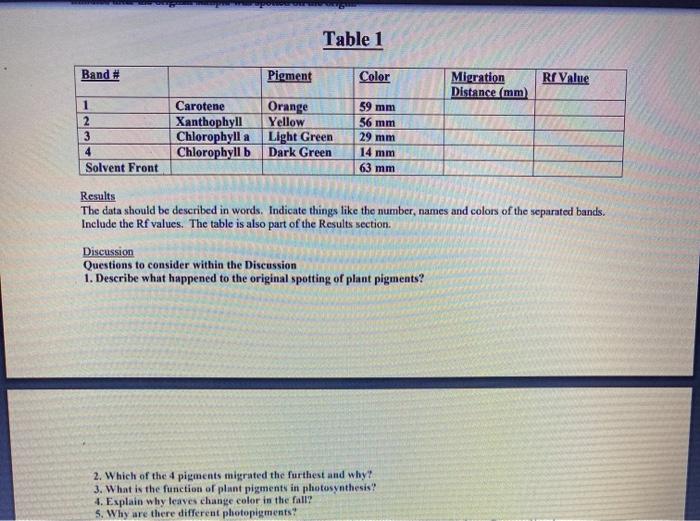 Solved Table 1 Band # Pigment Color Rr Value Migration | Chegg.com
