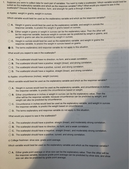 Solved 1. Suppose you were to collect data for each pair of | Chegg.com