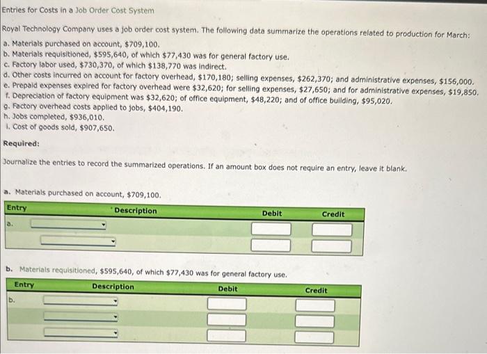 Solved Entries for Costs in a Job Order Cost System Royal | Chegg.com