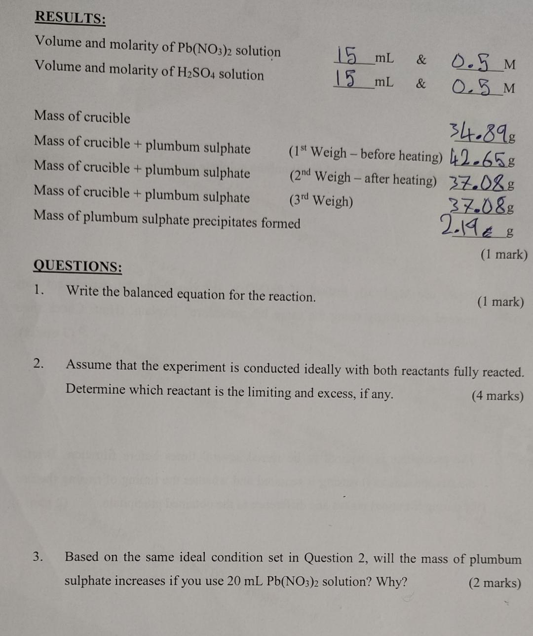 Solved RESULTS:Volume and molarity of Pb(NO3)2 | Chegg.com