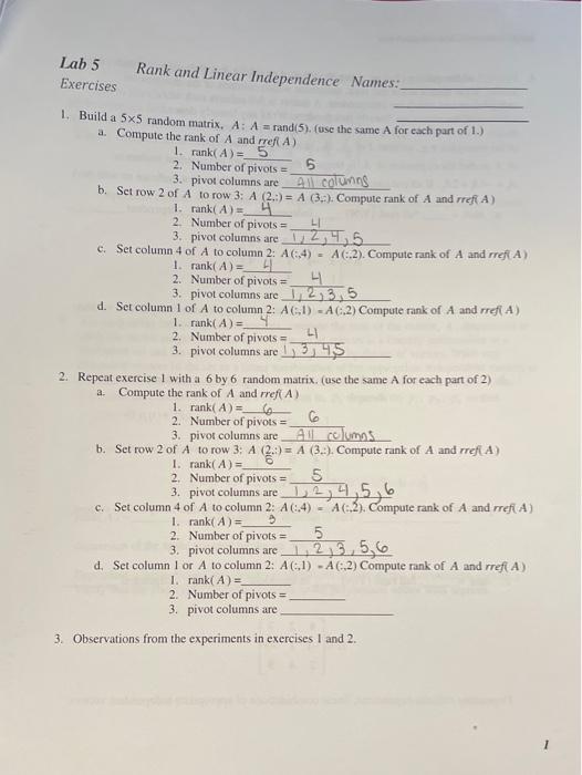 Solved Lab 5 Exercises Rank and Linear Independence Names: | Chegg.com