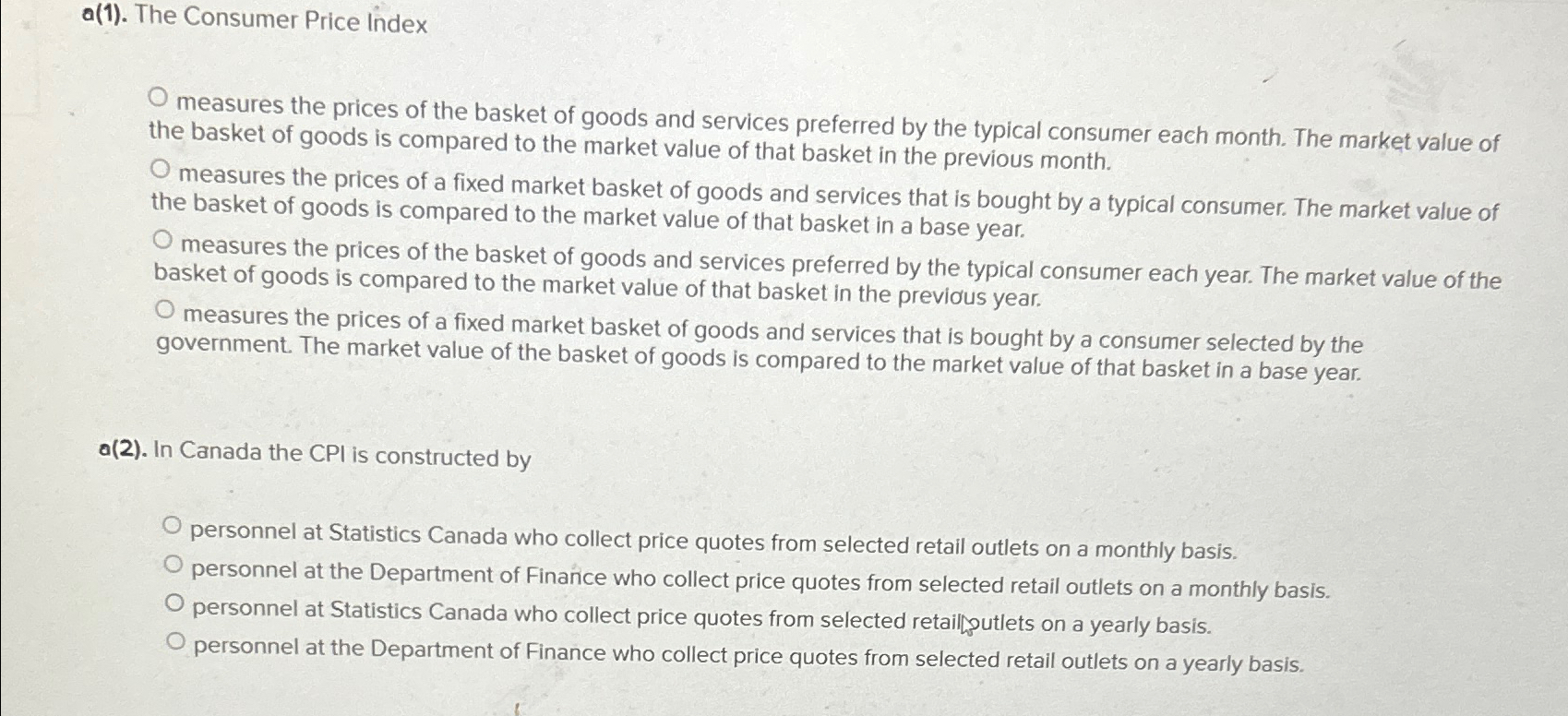Solved a(1). ﻿The Consumer Price Indexmeasures the prices of | Chegg.com