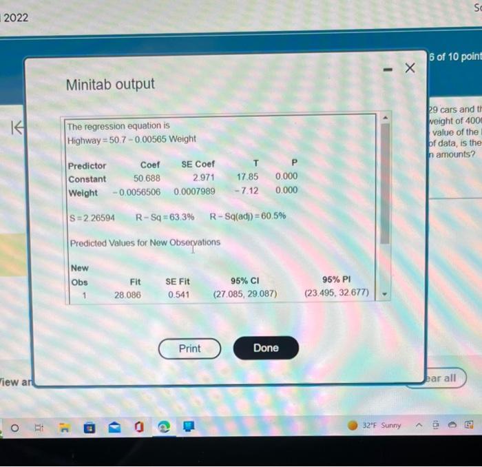 Solved The Minitab output shown below was obtained by using | Chegg.com