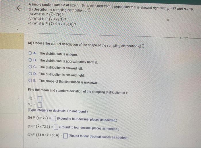 Solved A simple random sample of size n=64 is obtained from | Chegg.com
