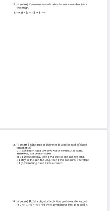 Solved 7. [4 points] Construct a truth table for and show | Chegg.com