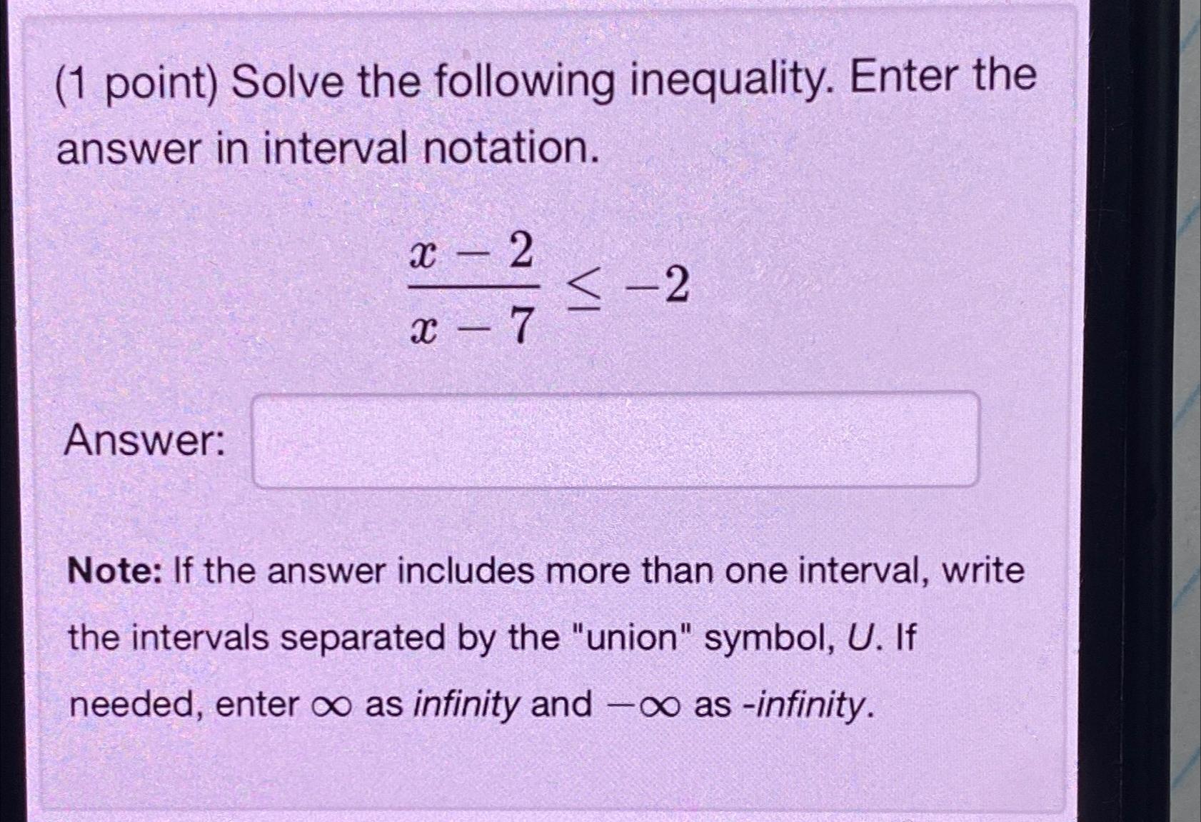 Solved (1 ﻿point) ﻿Solve the following inequality. Enter the | Chegg.com