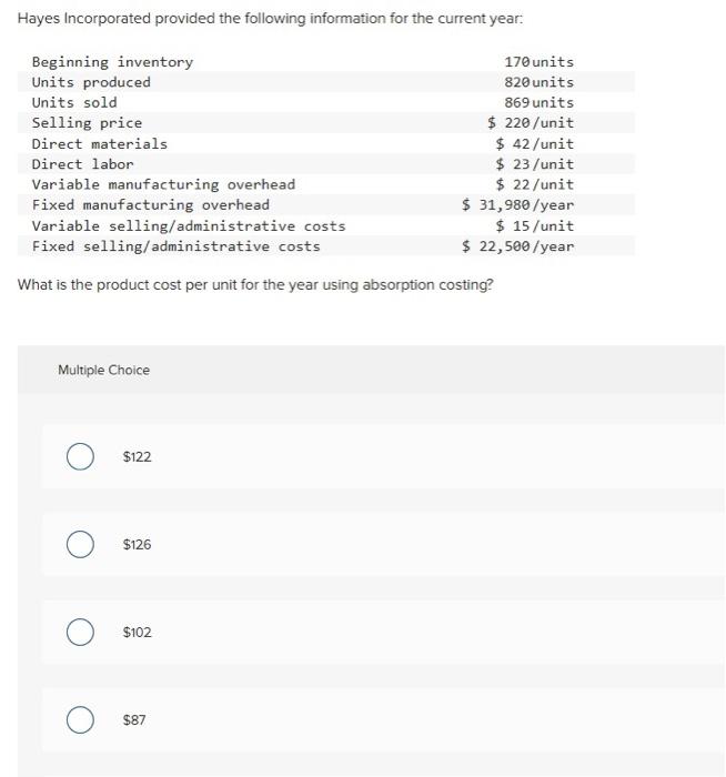 Solved Hayes Incorporated provided the following information | Chegg.com