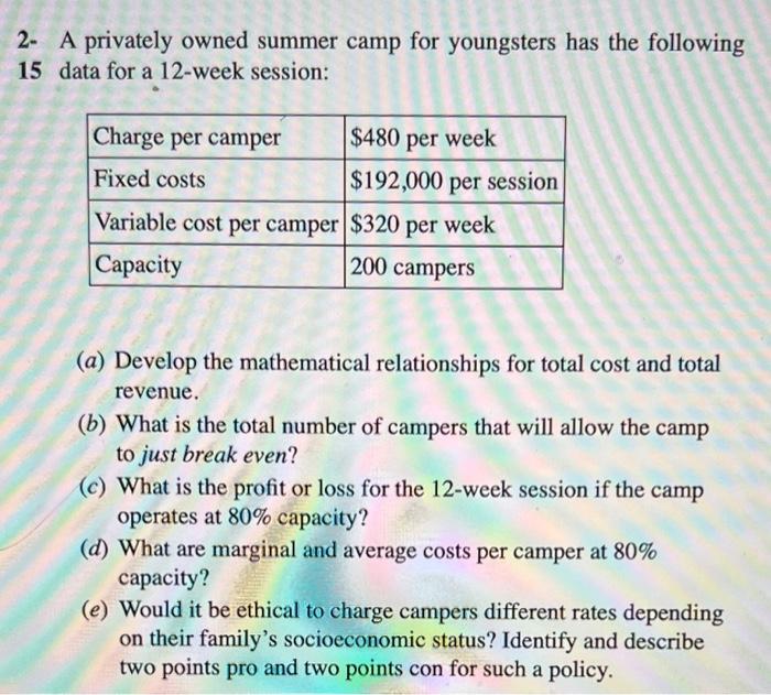 Solved 2- A privately owned summer camp for youngsters has | Chegg.com