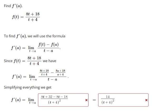 Solved Find f′(a). f(t)=t+48t+18 To find f′(a), we will use | Chegg.com