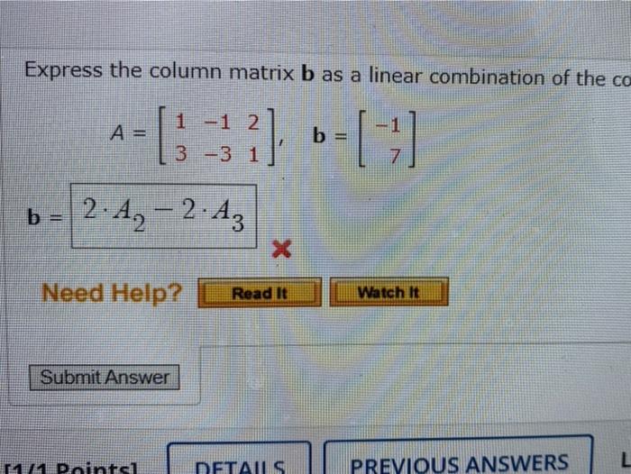 Solved Express the column matrix b as a linear combination | Chegg.com