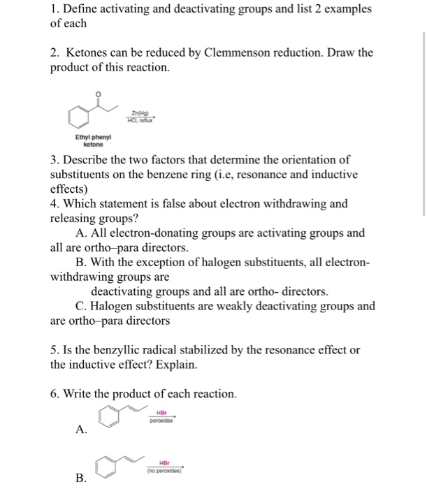 Solved 1. Define activating and deactivating groups and list | Chegg.com