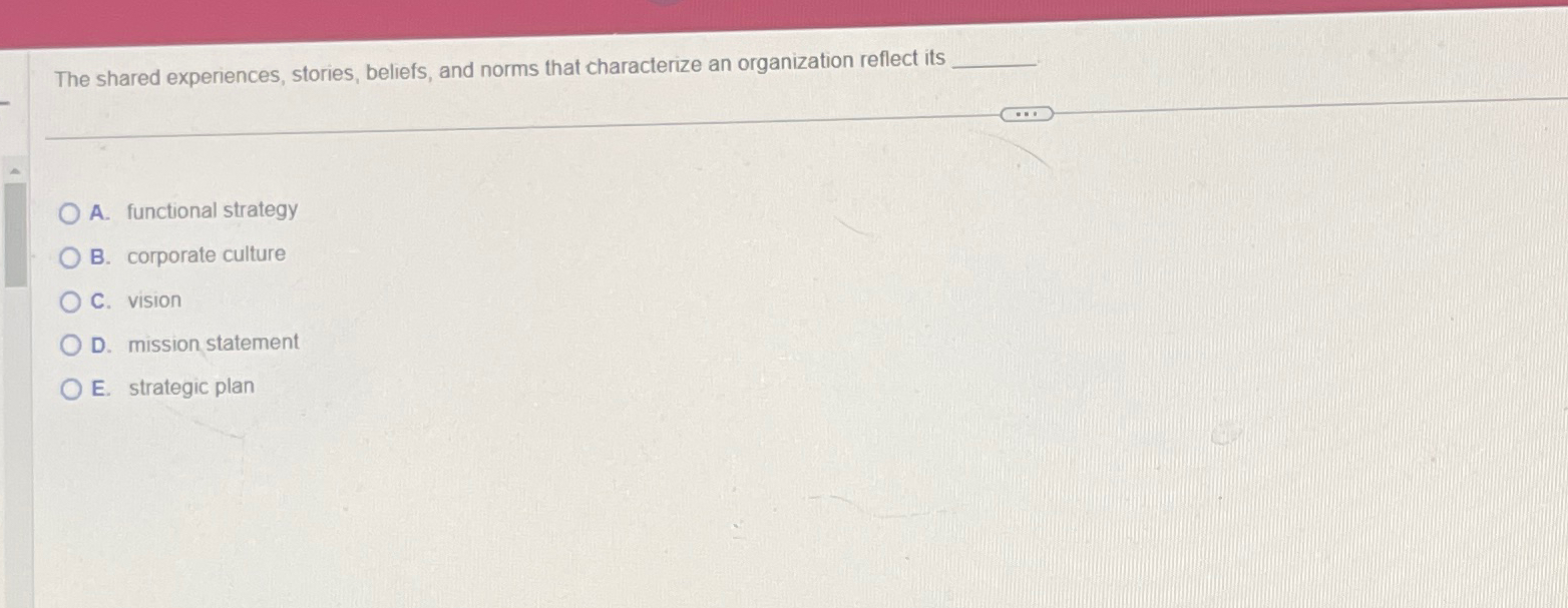 Solved The shared experiences, stories, beliefs, and norms | Chegg.com