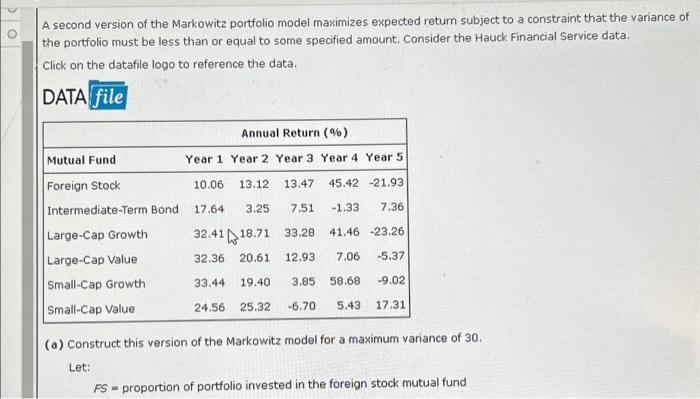 Solved A second version of the Markowitz portfolio model | Chegg.com