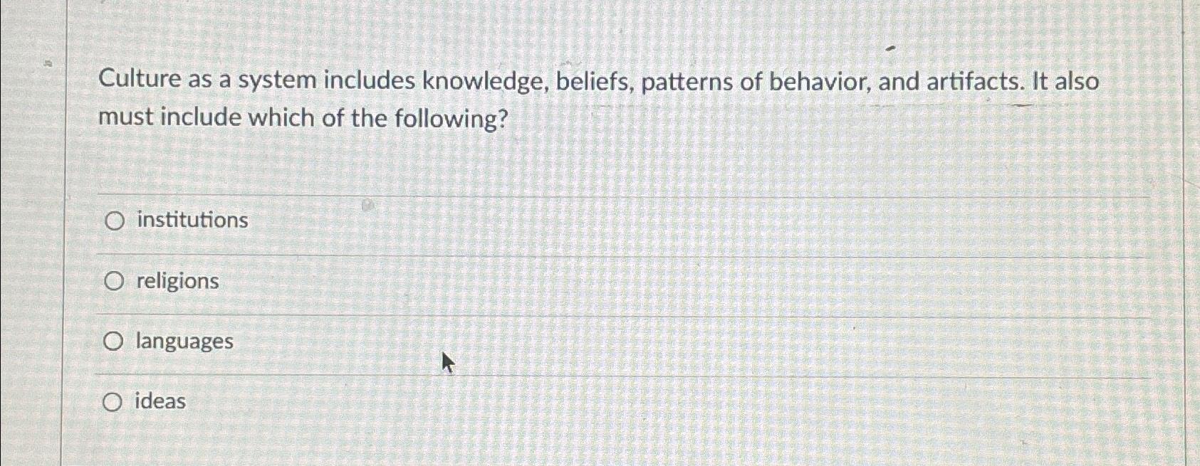 Solved Culture as a system includes knowledge, beliefs, | Chegg.com