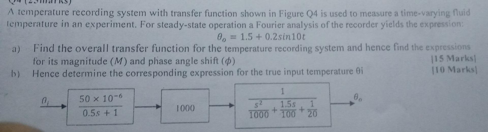 Solved A temperature recording system with transfer function | Chegg.com