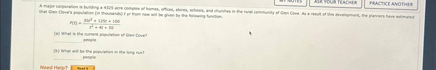 Solved ASK YOUR TEACHER\\nthat Glen Clove's population (in | Chegg.com