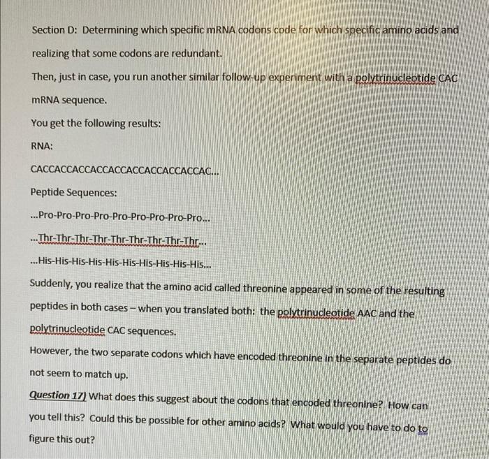 Solved Section D: Determining which specific mRNA codons | Chegg.com