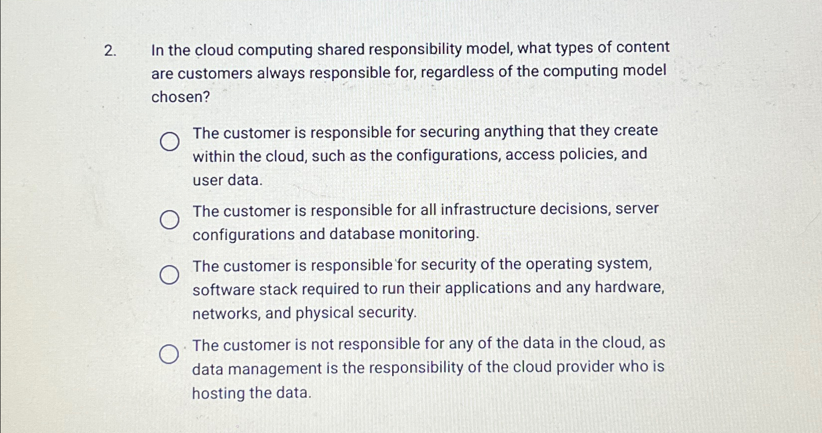 Solved In the cloud computing shared responsibility model, | Chegg.com
