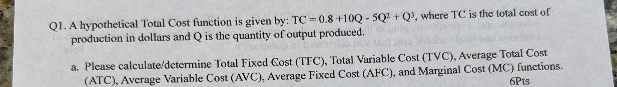 Solved Q1. ﻿A hypothetical Total Cost function is given by: | Chegg.com