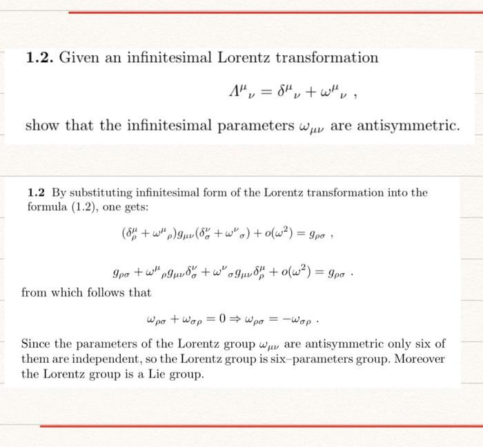 Solved 1.2. Given an infinitesimal Lorentz transformation | Chegg.com