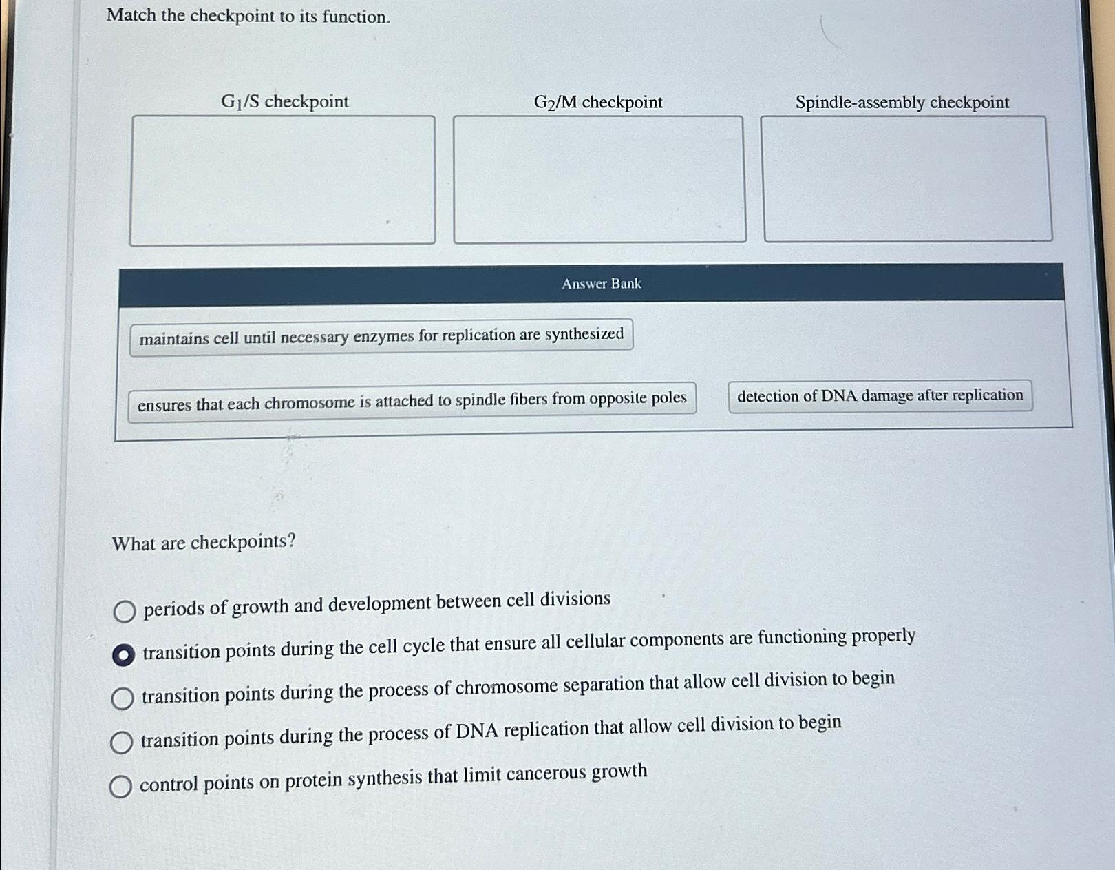 Solved Match the checkpoint to its function.G1/S | Chegg.com
