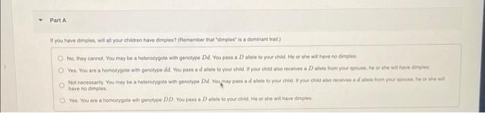 Part A If you have dimples, will all your children | Chegg.com