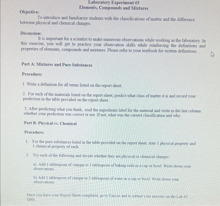 Solved Laboratory Experiment #3 Elements, Compounds and | Chegg.com