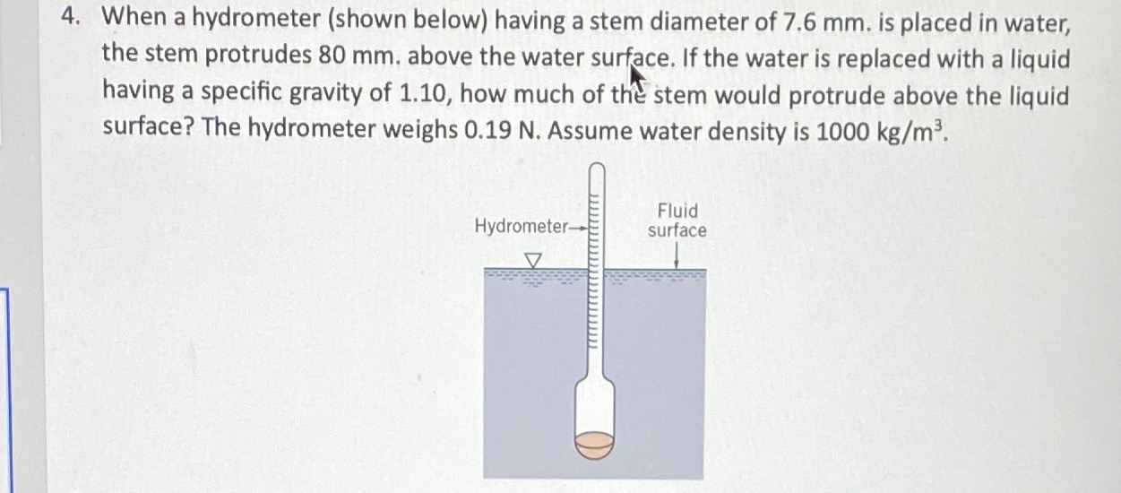 Solved When a hydrometer (shown below) having a stem | Chegg.com