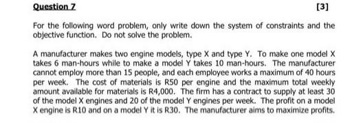 Solved For the following word problem, only write down the | Chegg.com