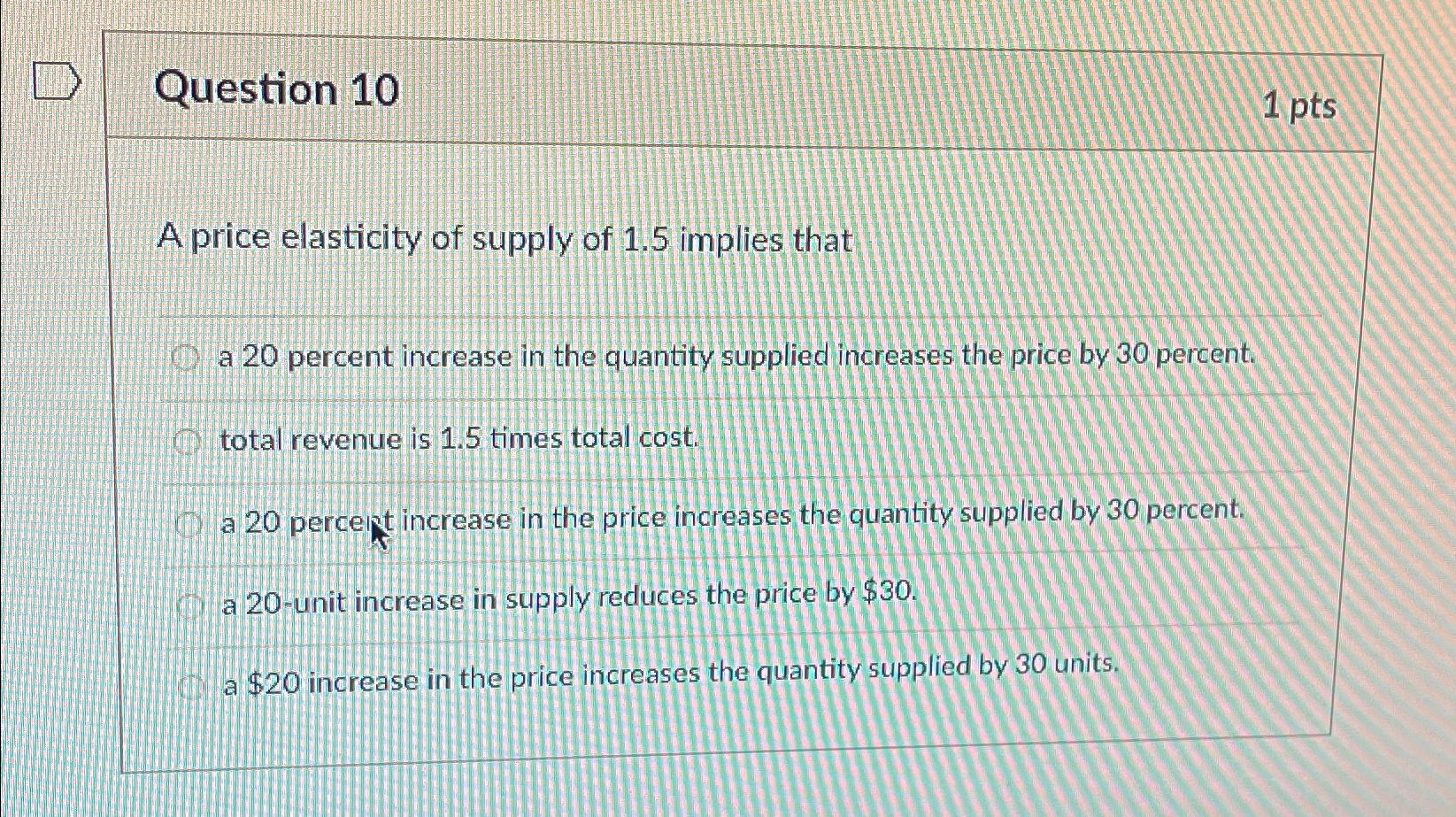 Solved Question 101ptsA price elasticity of supply of 1.5 | Chegg.com
