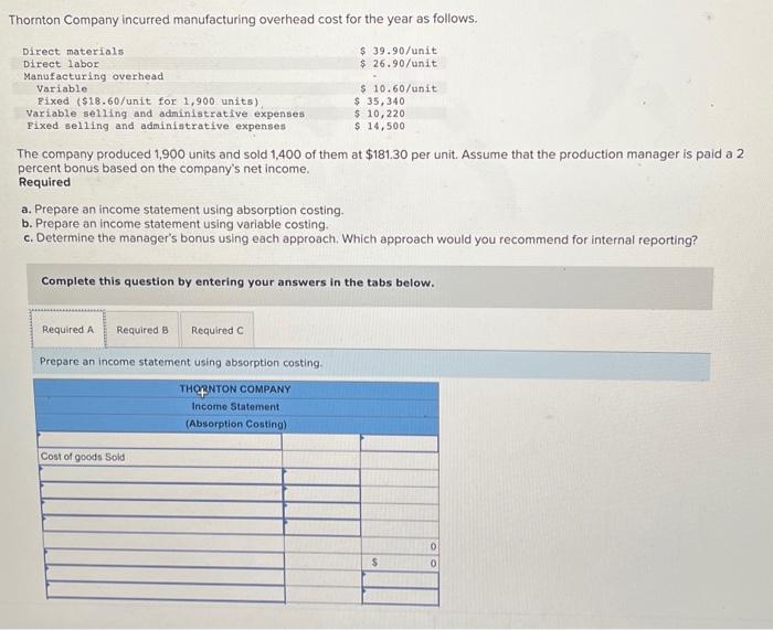Solved a. Prepare an income statement using absorption | Chegg.com