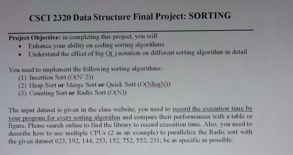 Solved Csci 2320 Data Structure Final Project Sorting