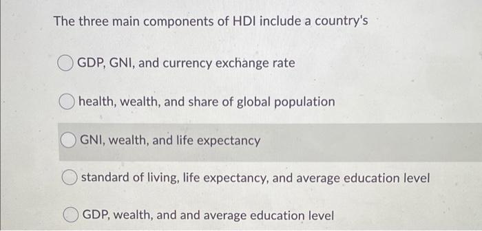 Solved The three main components of HDI include a country's | Chegg.com