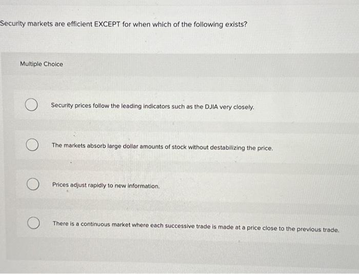 Solved Security markets are efficient EXCEPT for when which | Chegg.com