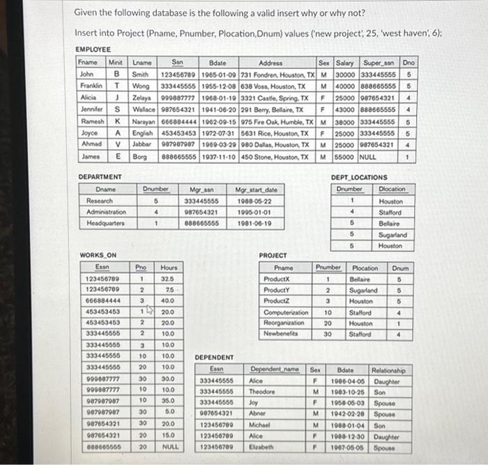 Solved Given the following database is the following a valid | Chegg.com
