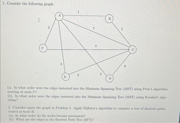 Solved 1. Consider the following graph. (a). In what order | Chegg.com