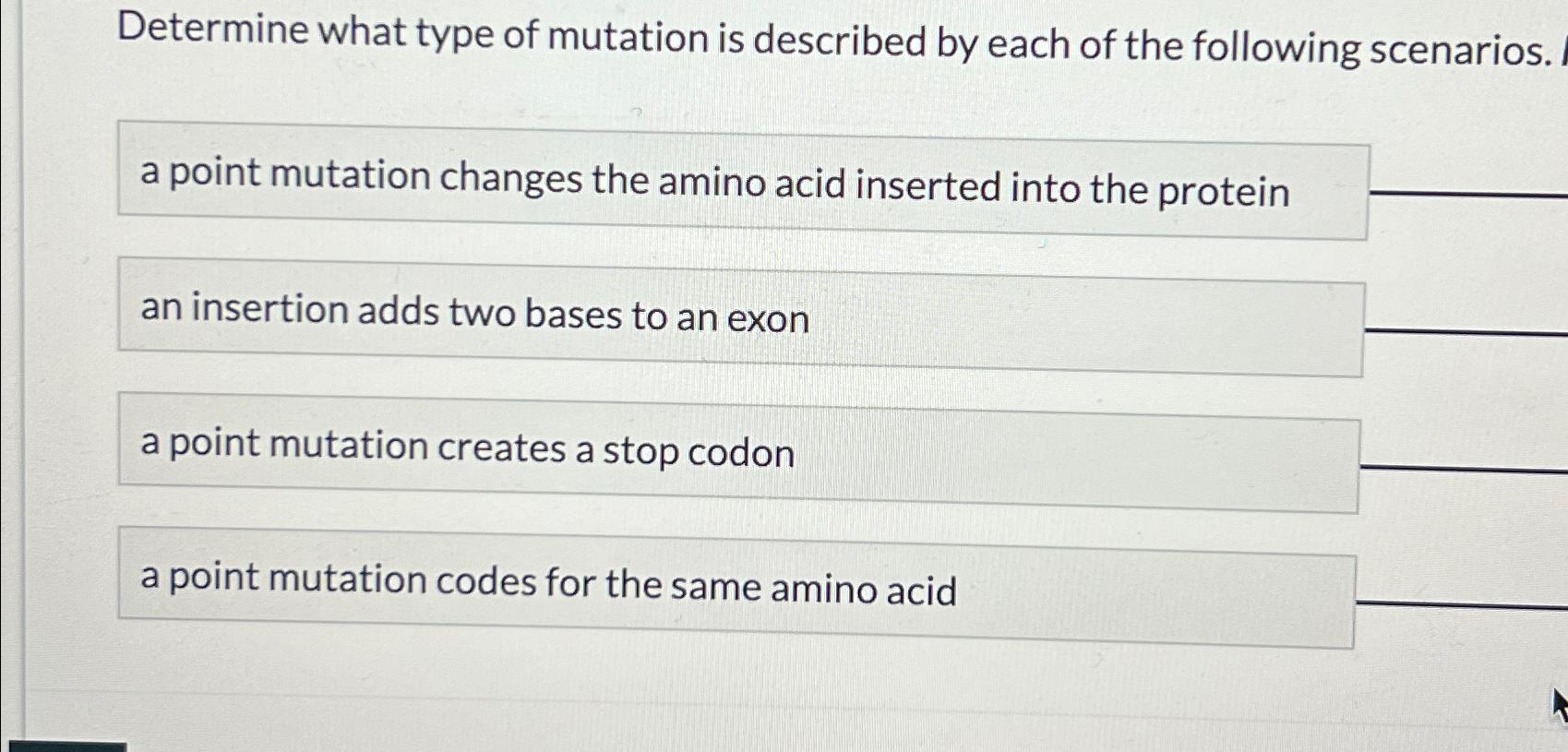 Solved Determine what type of mutation is described by each | Chegg.com