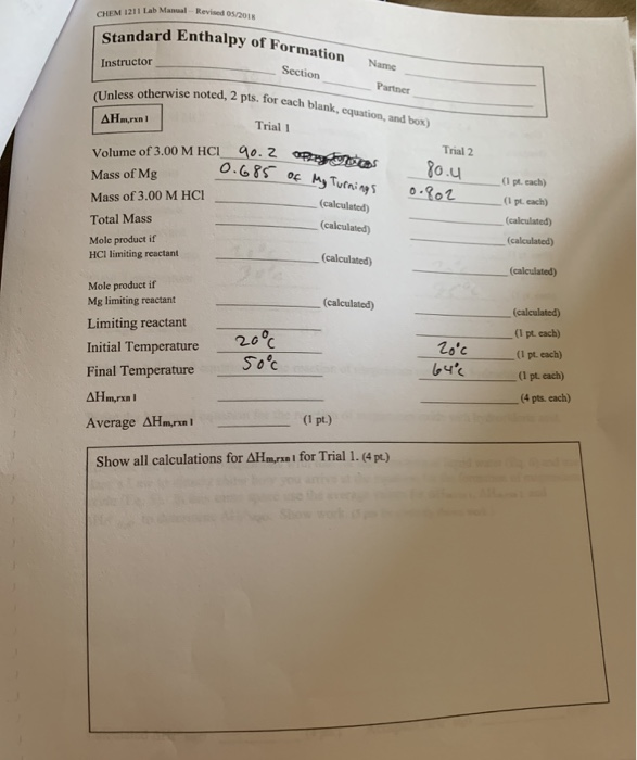 Solved CHEM 1211 Lab M- Revised S/2018 Standard Enthalpy of | Chegg.com