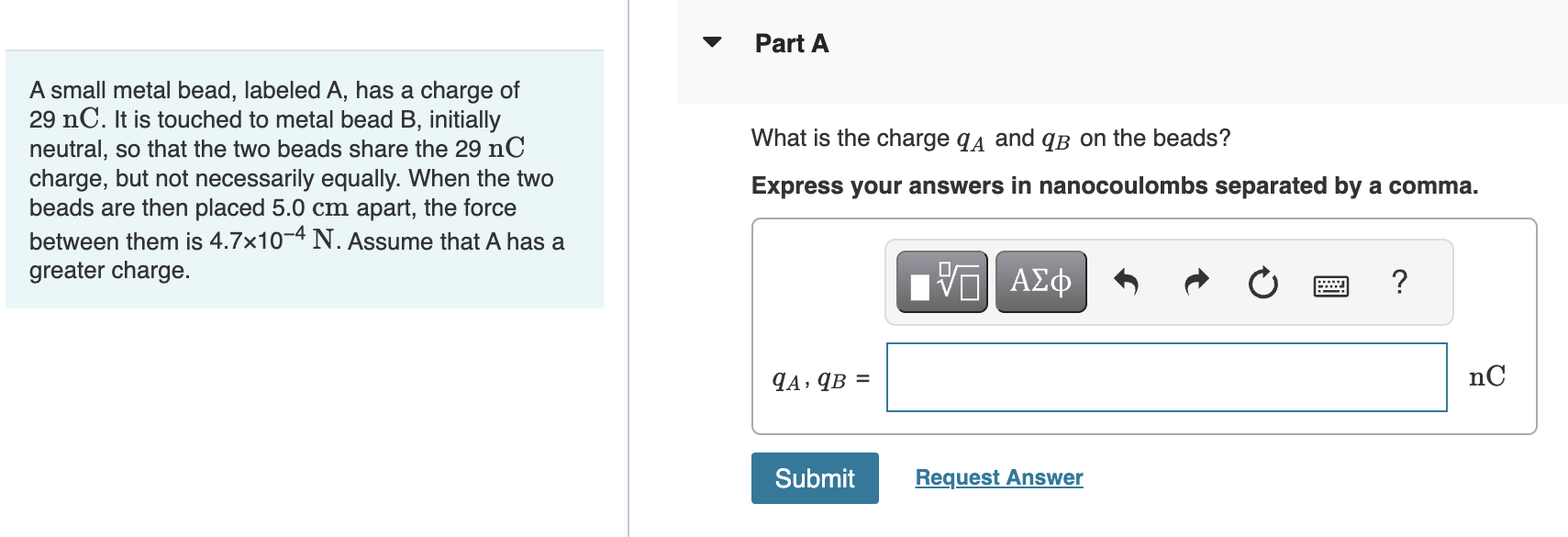 Solved What is the charge qA ﻿ and qB ﻿ on the | Chegg.com