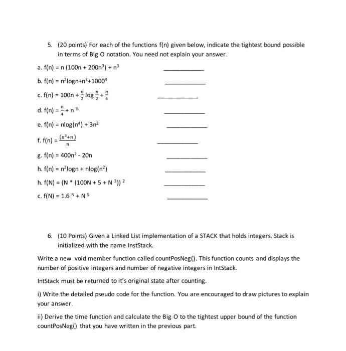 Solved 5. (20 points) For each of the functions f(n) given | Chegg.com