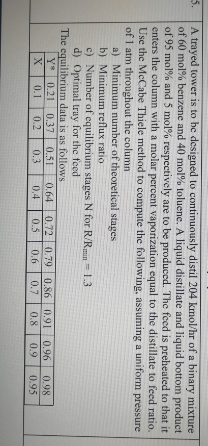 Solved 5. A trayed tower is to be designed to continuously | Chegg.com