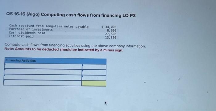 Solved QS 16-16 (Algo) Computing cash flows from financing | Chegg.com