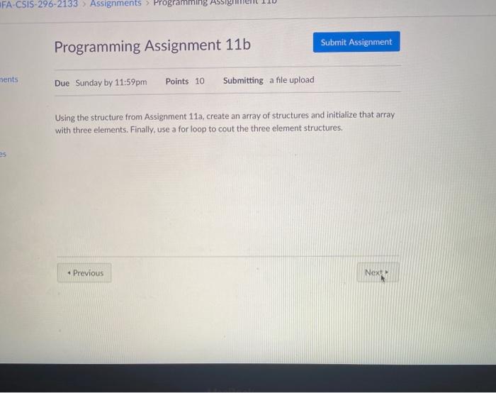 Solved 296-2133 Assignments Programming Assignment 11a | Chegg.com